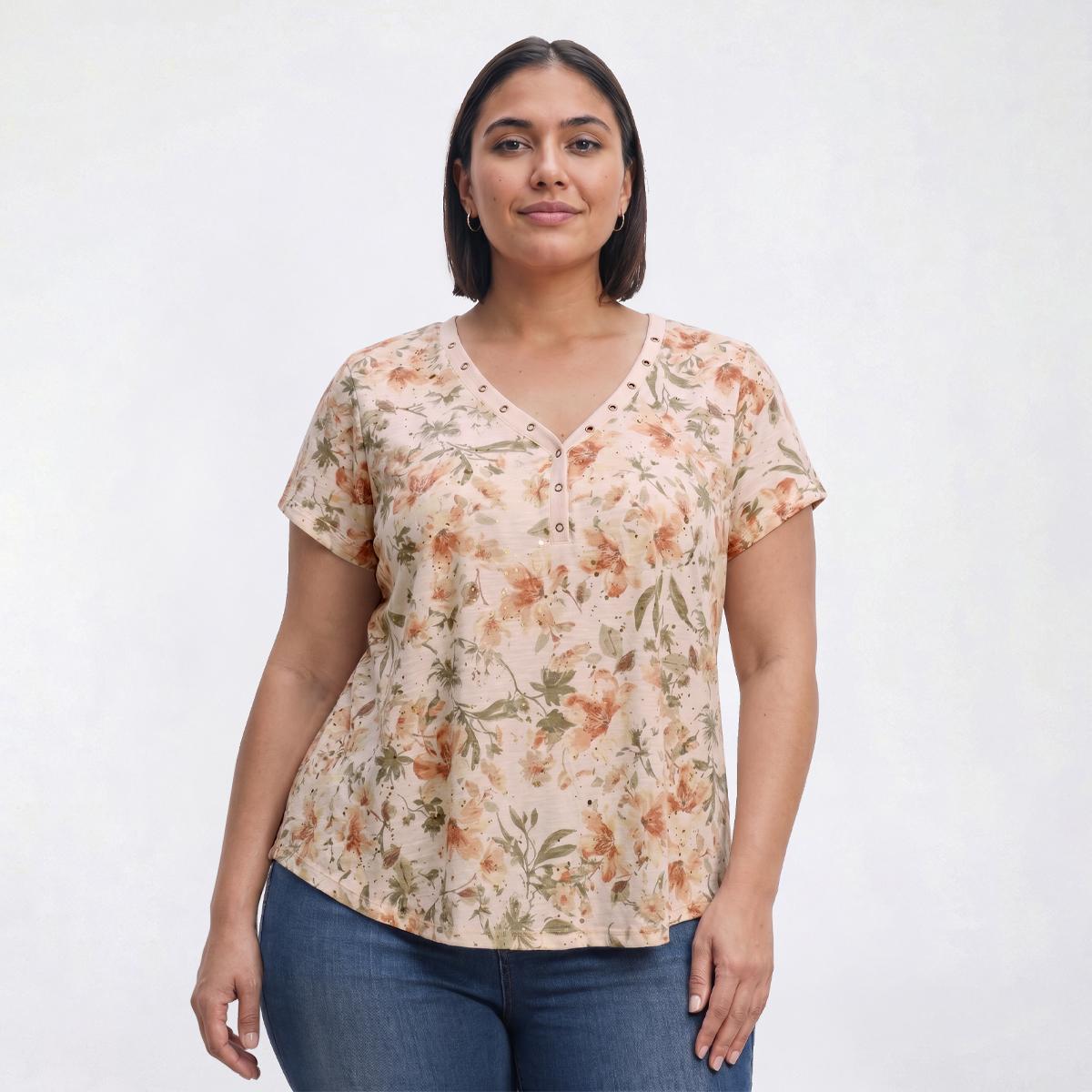 Click here for Plus Size Tru Self Short Sleeve Snap V-Neck Henley... prices